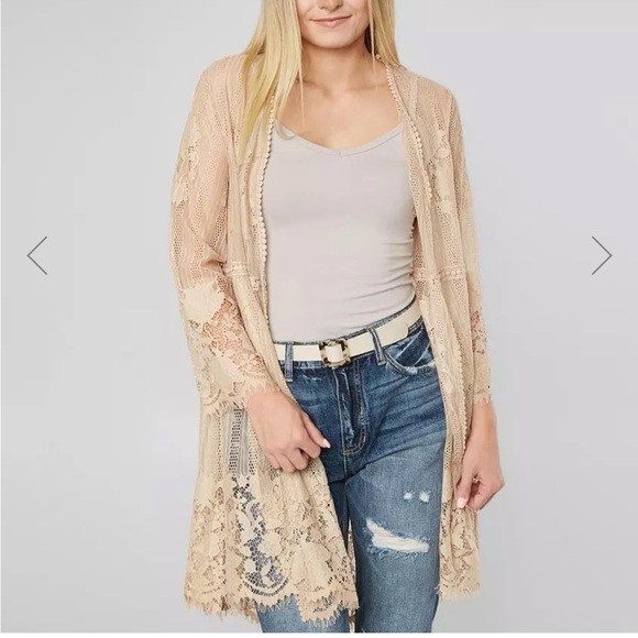 Miss Chievous | Sweaters | Miss Chievous Tan Eyelash Floral Lace Kimono ...